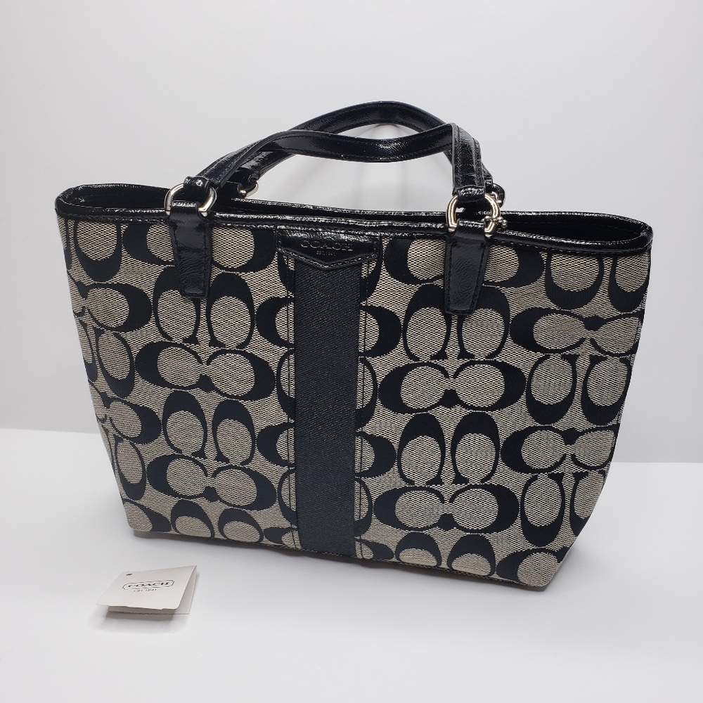 Coach Small Top Handle Bag Black Signature Pattern - Gem